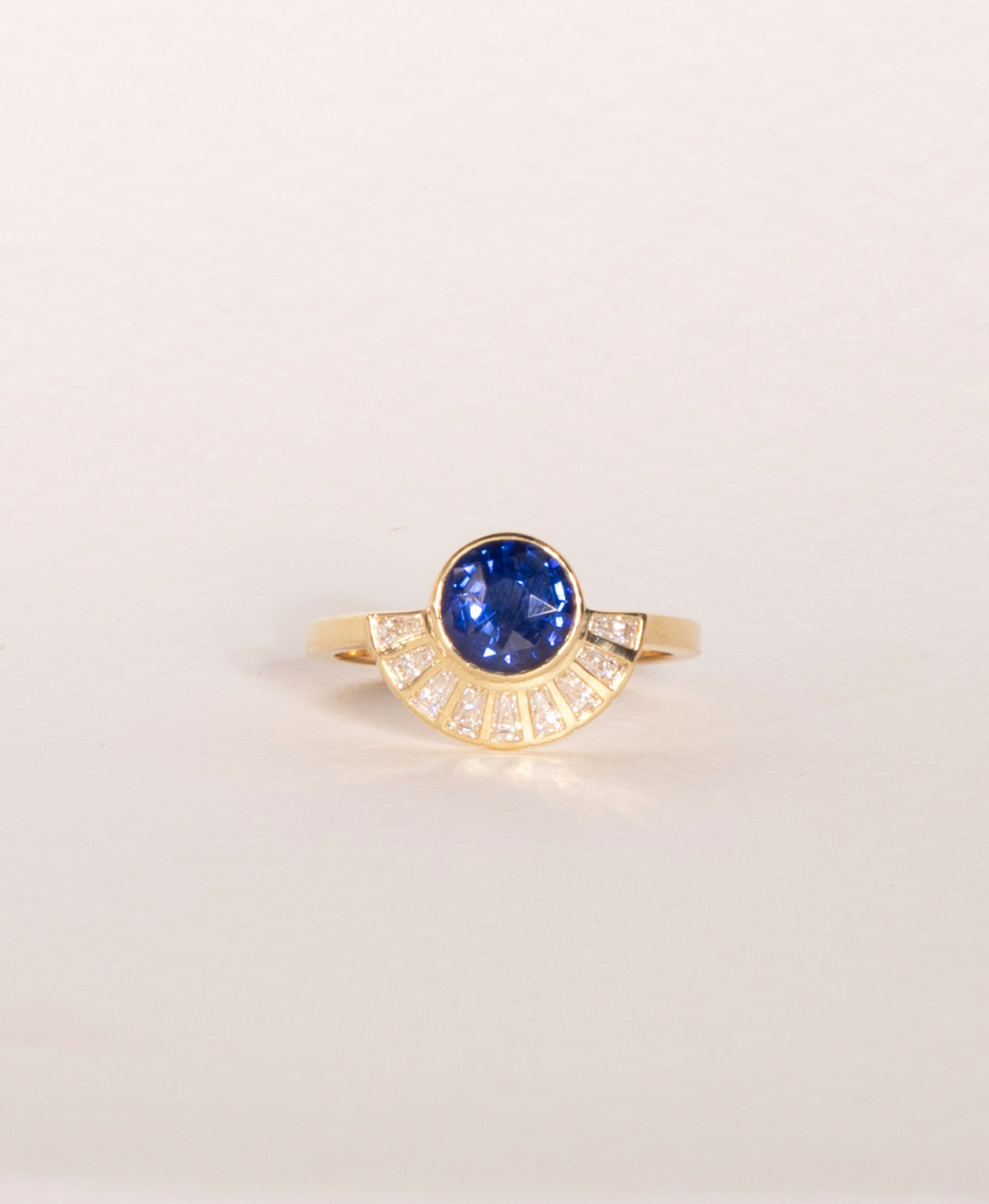 Deco Sun Engagement Ring - 18k Yellow Gold, Round Mixed Cut Blue Sapph ...