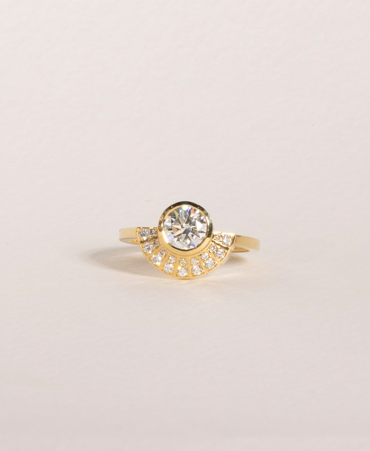 Deco Sun Engagement Ring - 18k Yellow Gold, Round Brilliant Cut Lab Gr ...