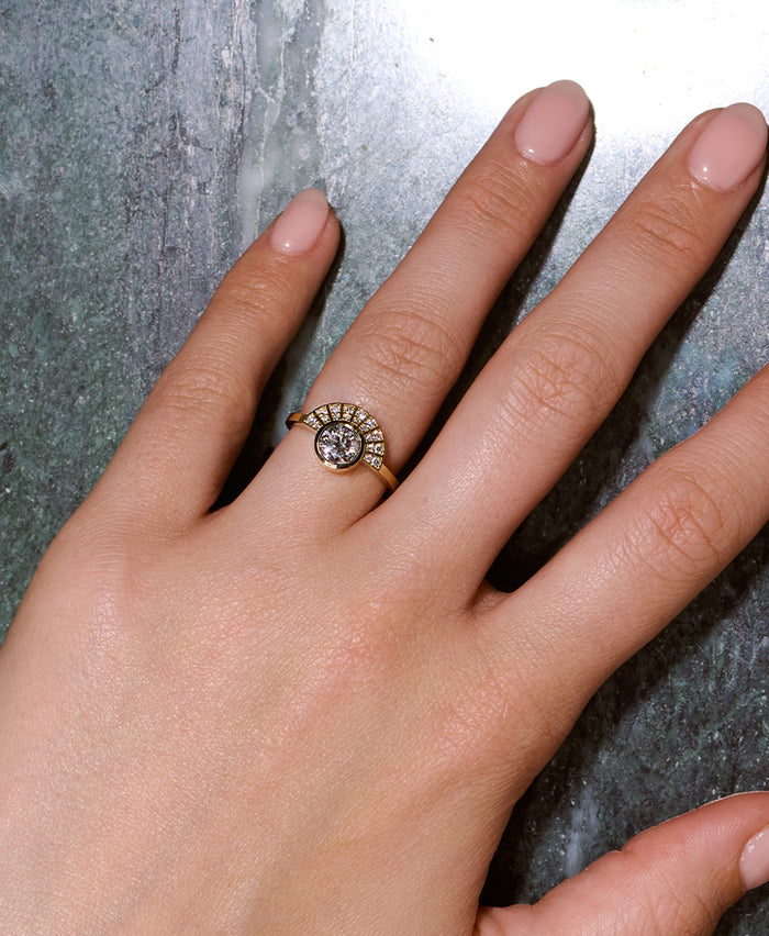 Deco Sun Engagement Ring - 18k Yellow Gold, Round Brilliant Cut Lab Gr ...