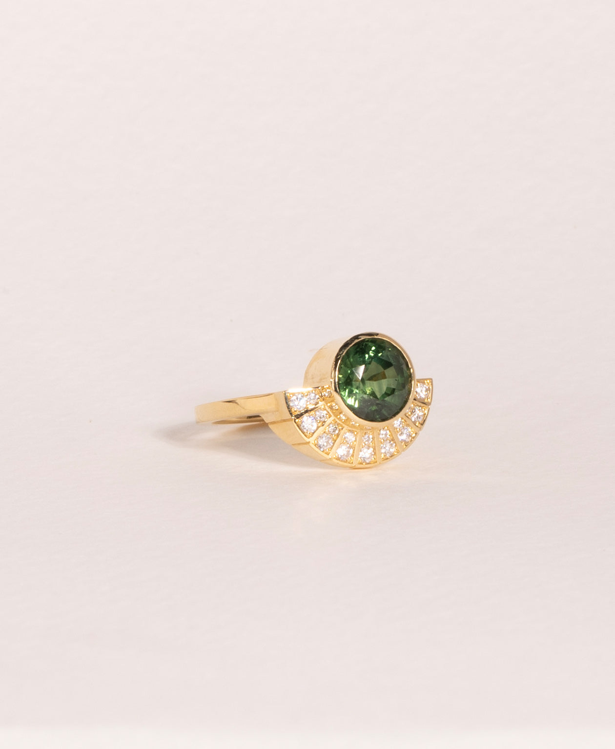 Deco Sun Engagement Ring - 18k Yellow Gold, Round Mixed Cut Green Sapp ...