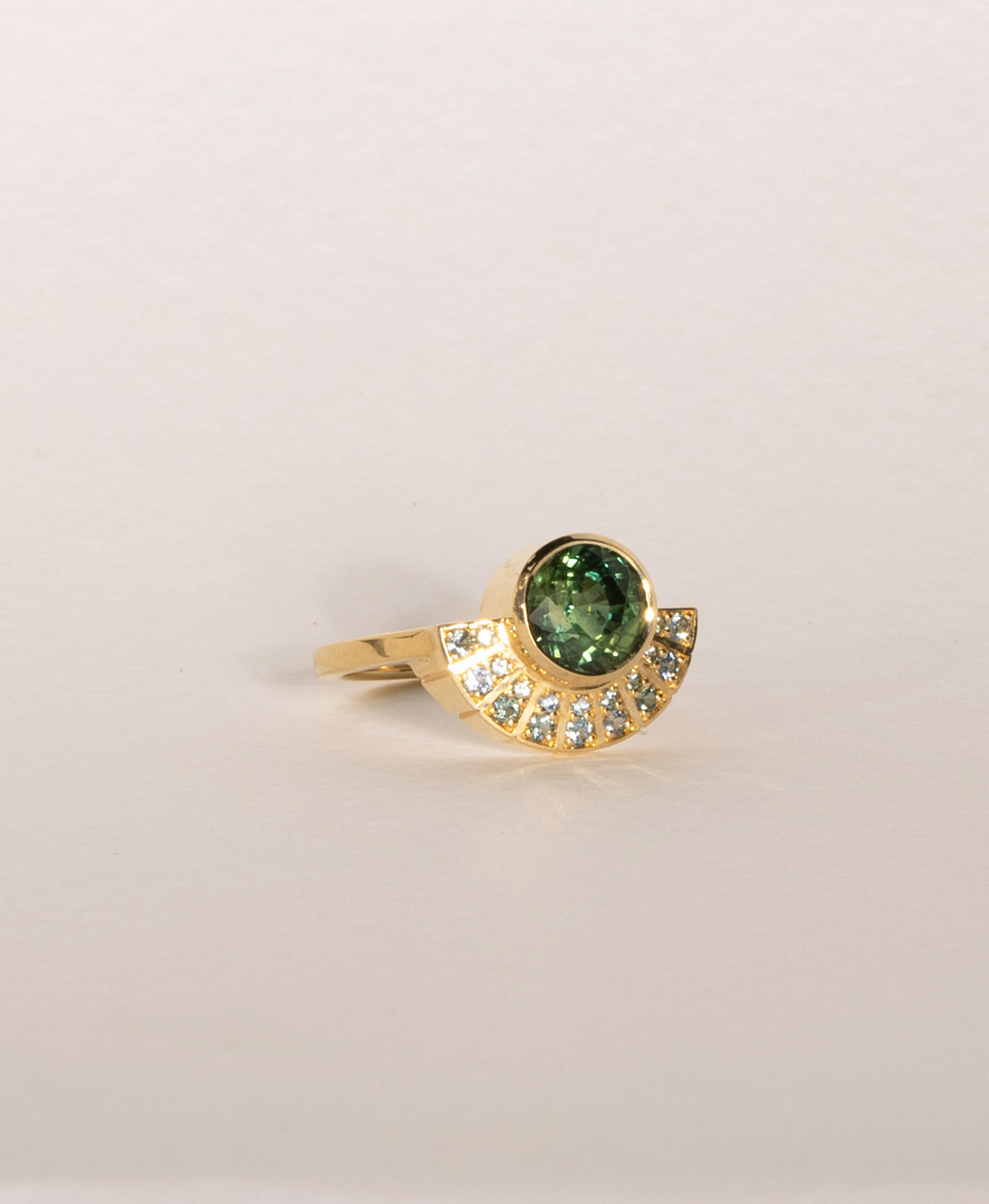 Deco Sun Engagement Ring - 18k Yellow Gold, Round Mixed Cut Green Sapp ...