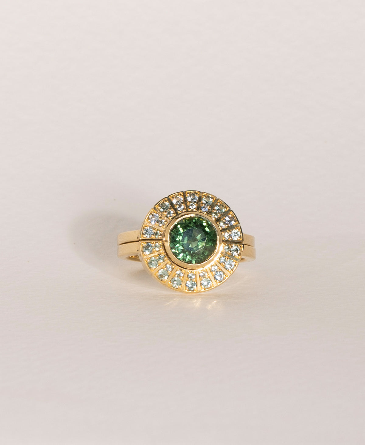 Deco Sun Engagement Ring - 18k Yellow Gold, Round Mixed Cut Green Sapp ...