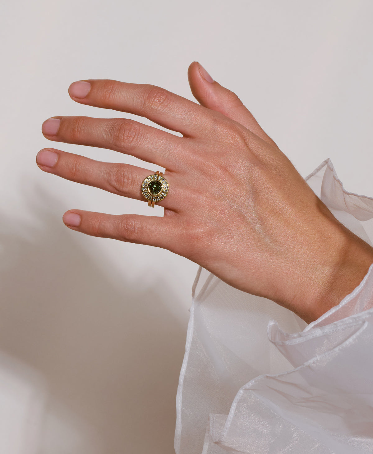 Deco Sun Engagement Ring - 18k Yellow Gold, Round Mixed Cut Green Sapp ...