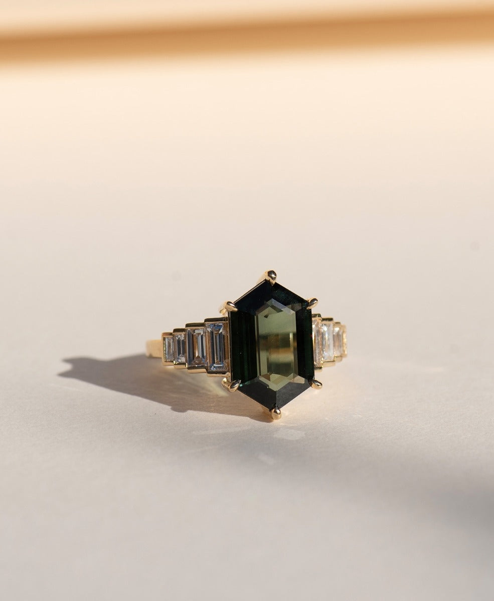 Fides Engagement Ring - 18k Yellow Gold, Hexagonal Cut Green Sapphire 4 ...
