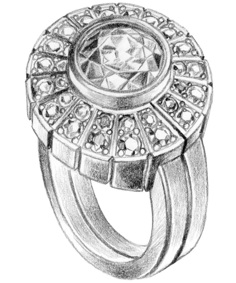 Deco Sun Engagement Ring - 18k Yellow Gold, Round Mixed Cut Green Sapp ...